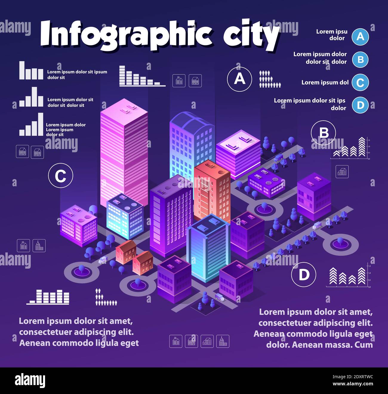 Isometric neon city infographics of violet colors Stock Vector Image ...