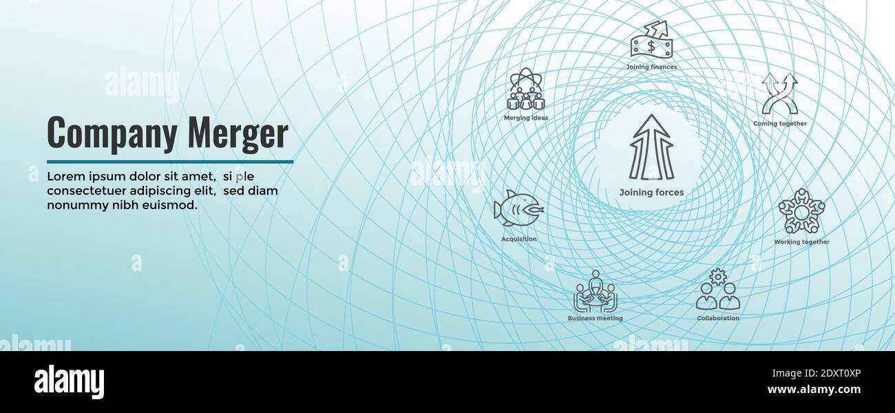 Companies merging together, one buying out the other & icon set header ...