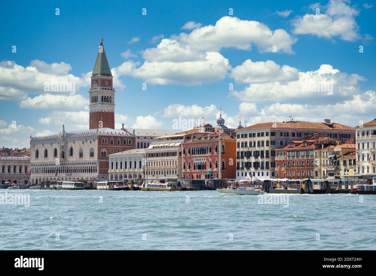 Sunny view of Venice old town from boat, Canal grande and San marco ...