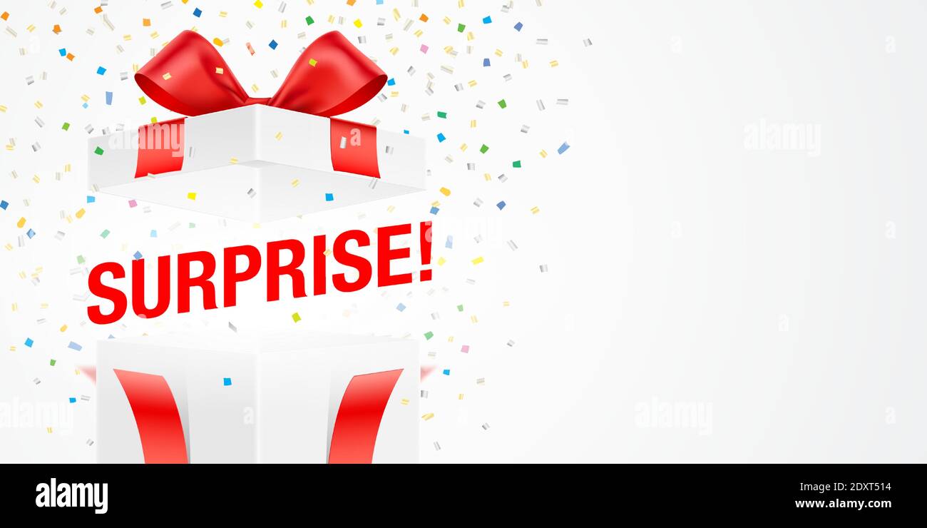 Open white gift box with exploded confetti, and Surprise message ...