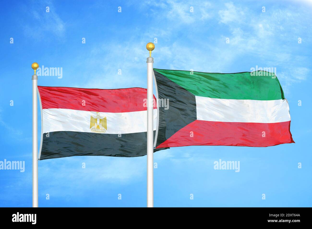 Egypt and Kuwait two flags on flagpoles and blue cloudy sky Stock Photo ...