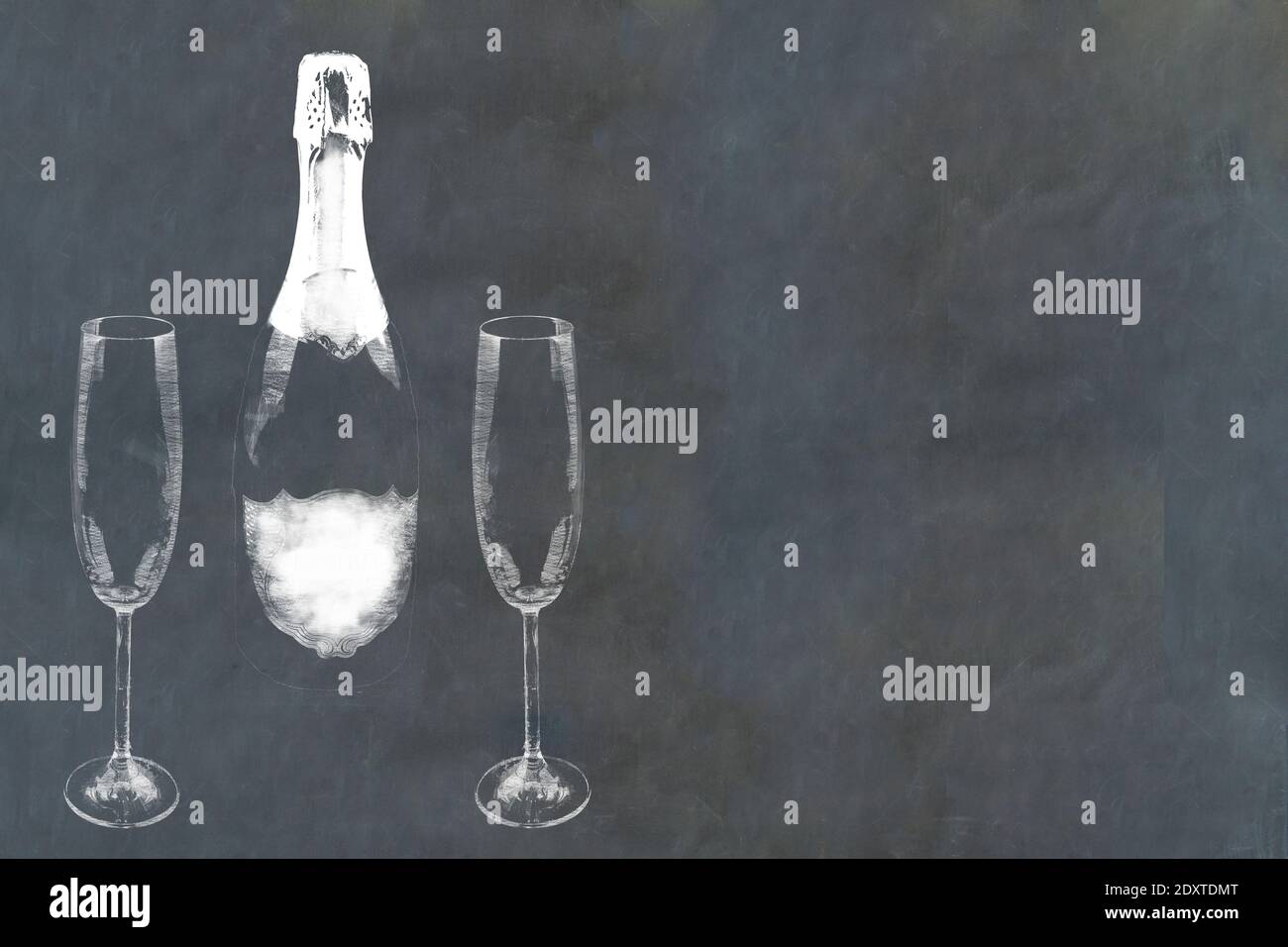 Champagne bottle and flutes sketched in white chalk on slate blackboard ...