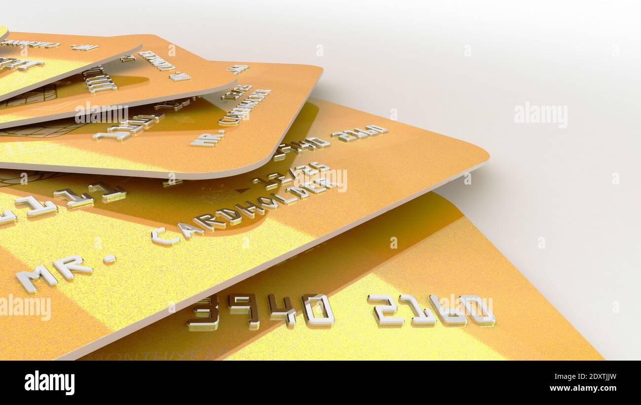 3d rendering of Realistic detailed gold credit cards with bright ...