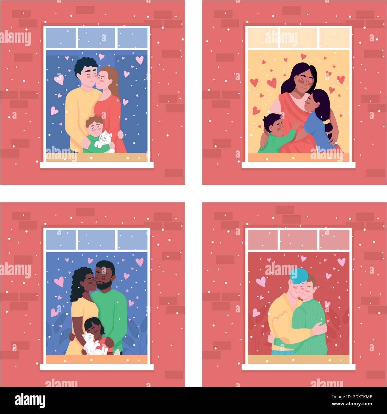Happy family in home window flat color vector illustration set Stock ...