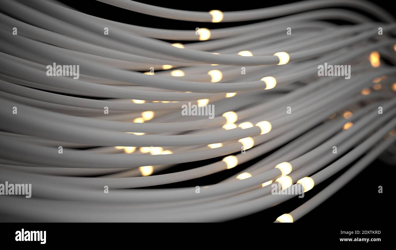 3d rendering of abstract white internet cables with bright signals ...