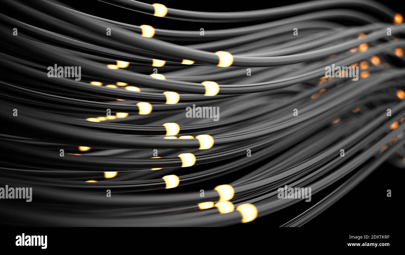 3d rendering of abstract black internet cables with bright which ...