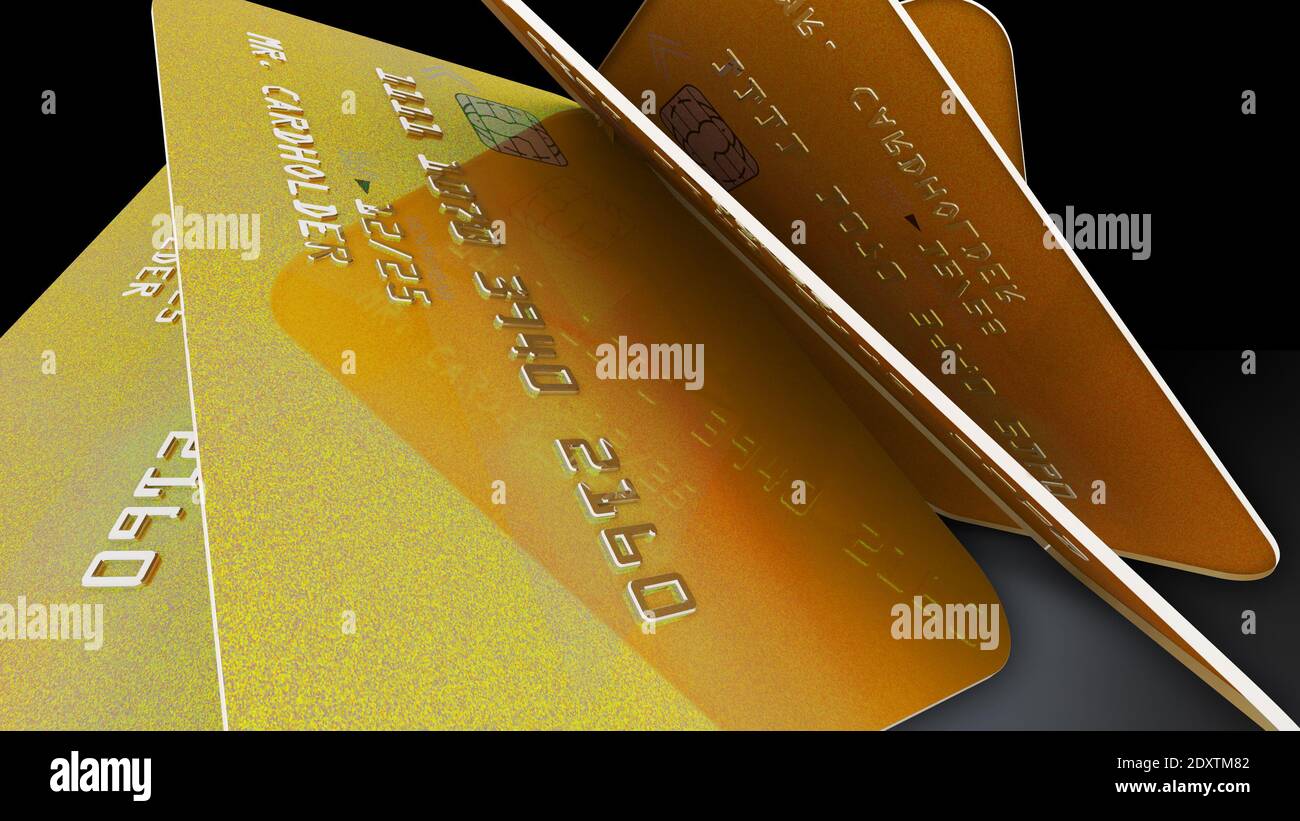 3d rendering of Realistic detailed gold credit cards with bright ...