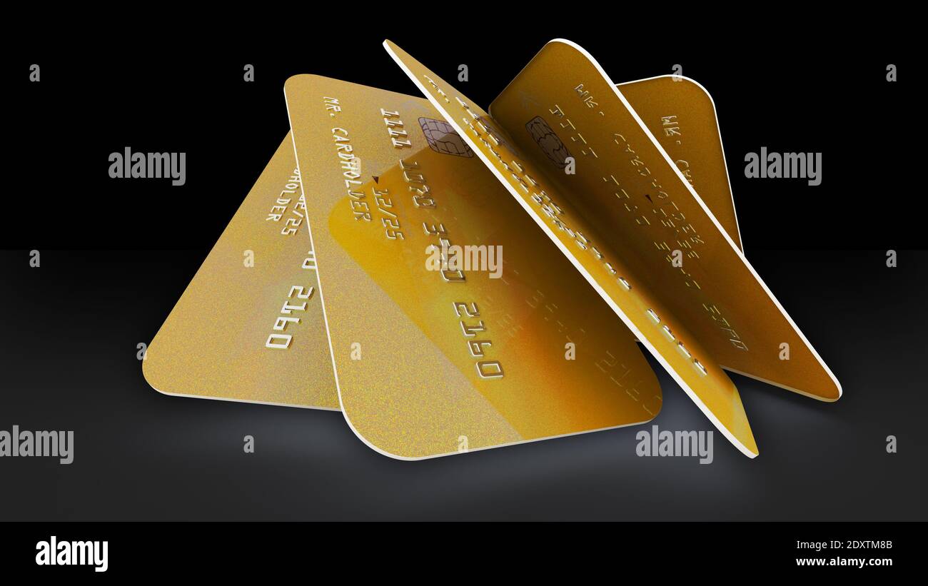 3d rendering of Realistic detailed gold credit cards with bright ...