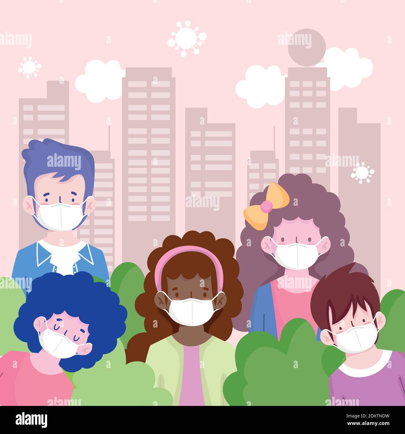 New normal people cartoons with masks and city buildings design of ...