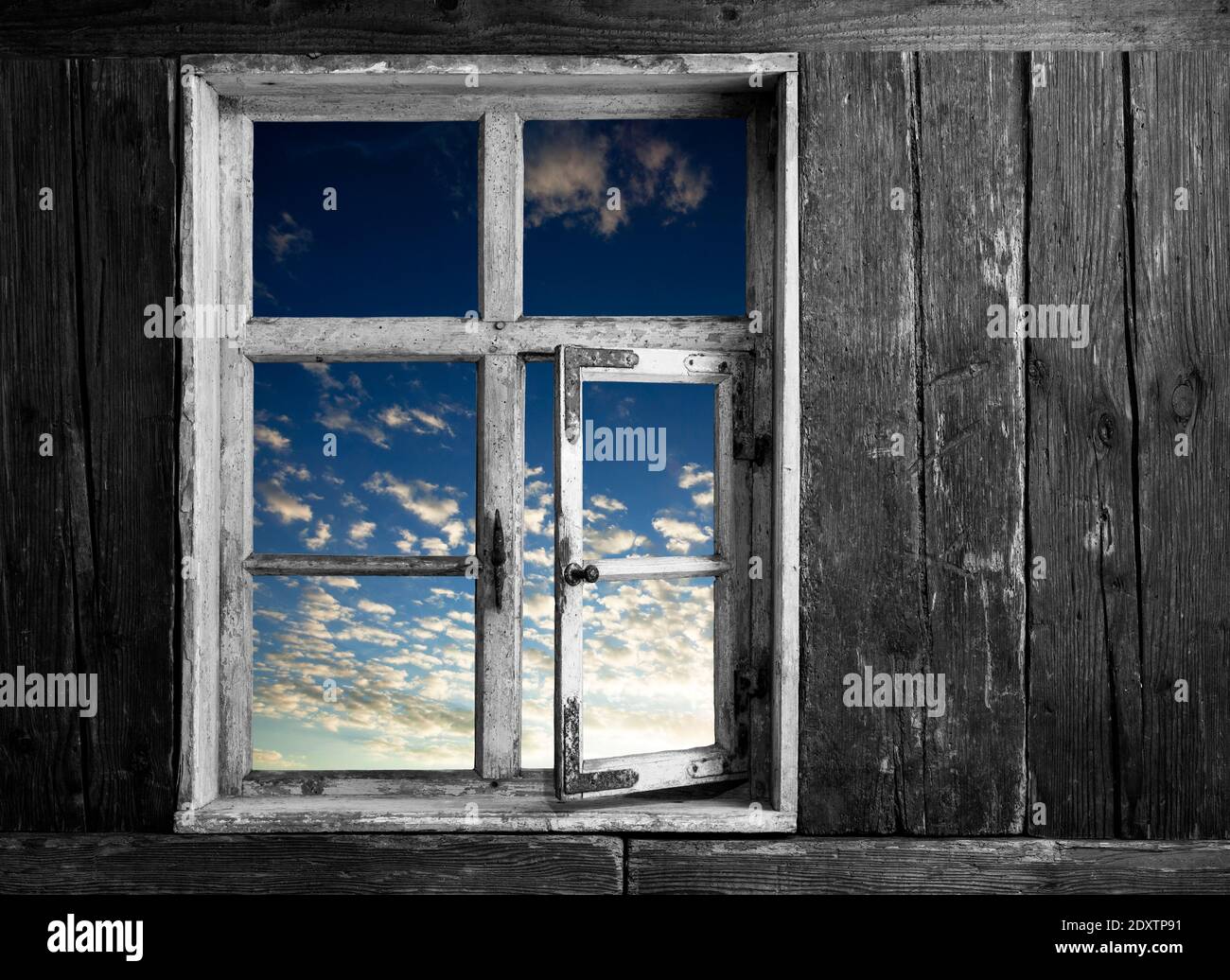 rustic farmhouse parlor with a view from the window in the blue sky ...