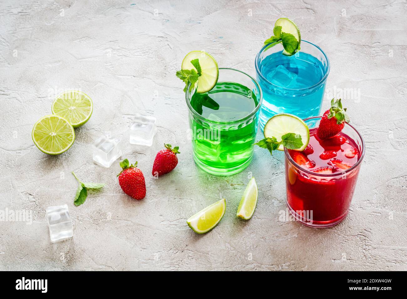 Set of different drinks cocktails with ice - red blue and green Stock ...