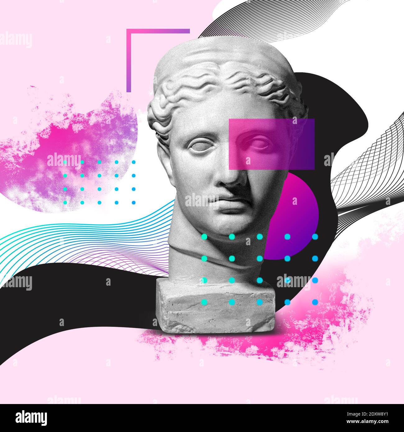 Contemporary art collage with antique statue head in a surreal style ...