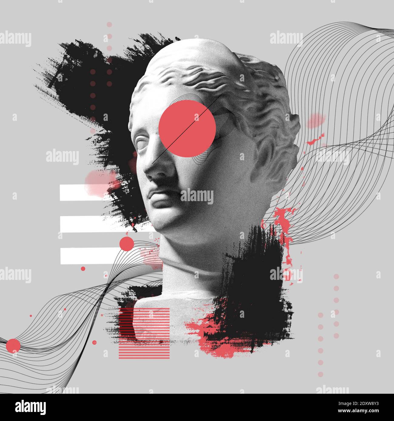 Contemporary art collage with antique statue head in a surreal style ...