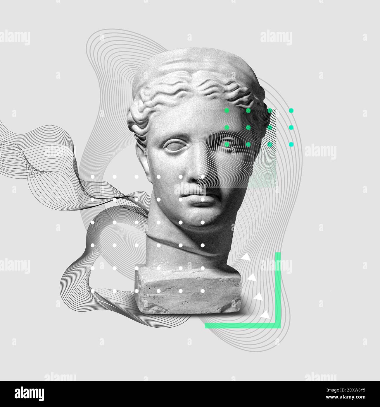 Contemporary art collage with antique statue head in a surreal style ...
