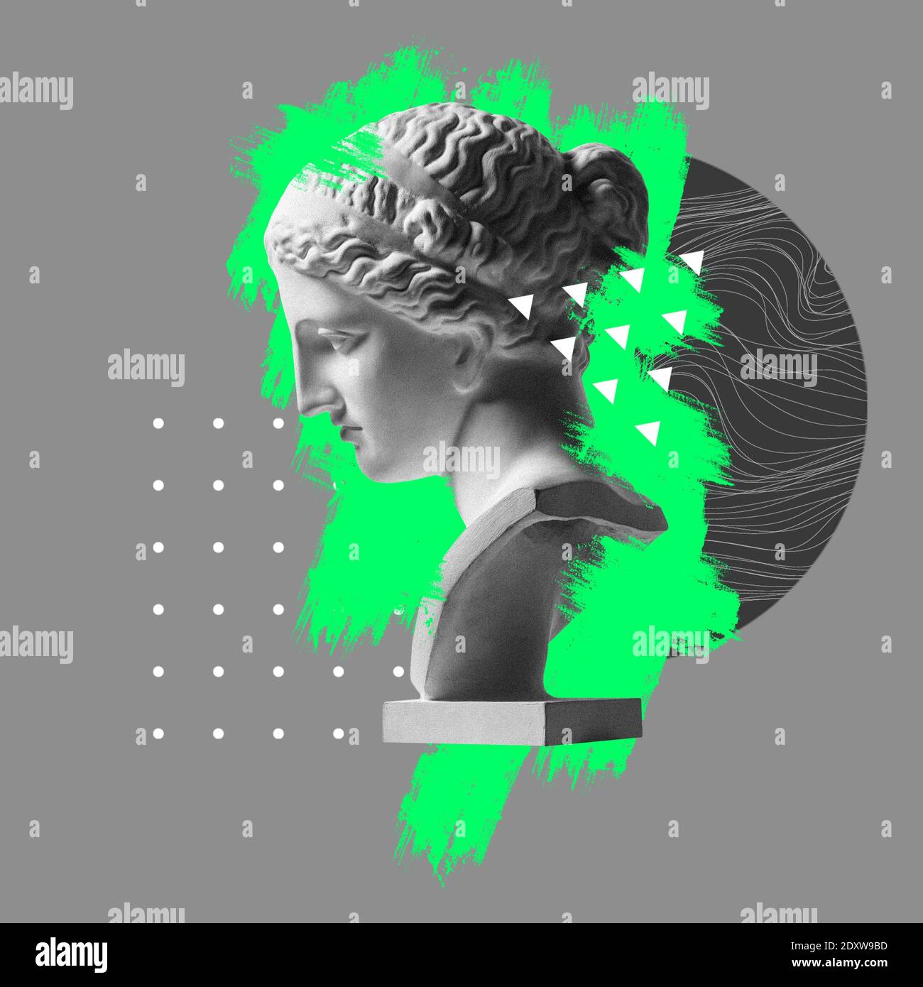 Contemporary art collage with antique statue head in a surreal style ...