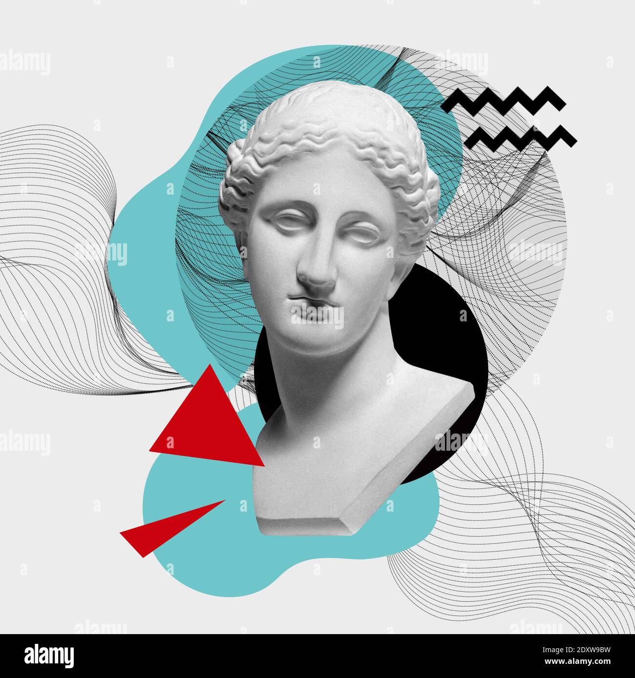 Contemporary art collage with antique statue head in a surreal style ...