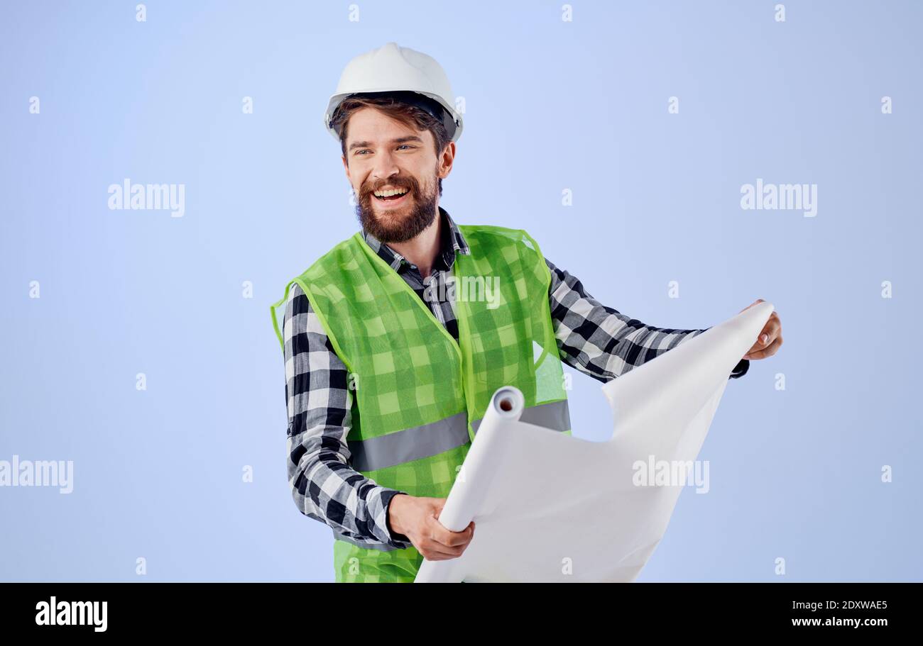 man in construction uniform blueprints professional engineer work blue ...