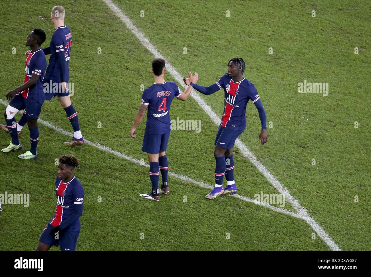 Moise Kean of PSG celebrates his goal with Thilo Kehrer (left) during ...