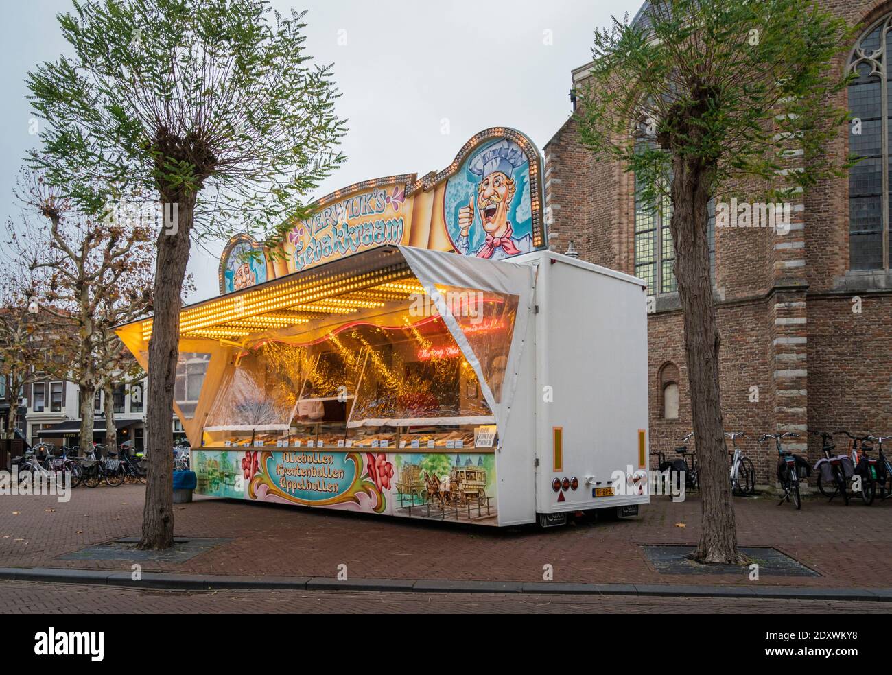 A food stall selling traditional Dutch delicacies in the city of Gouda ...