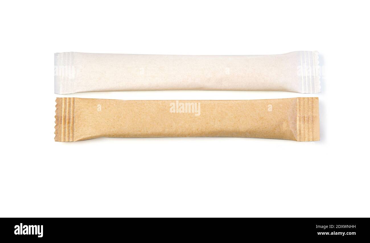 Brown and white paper sachets isolated on white background with ...