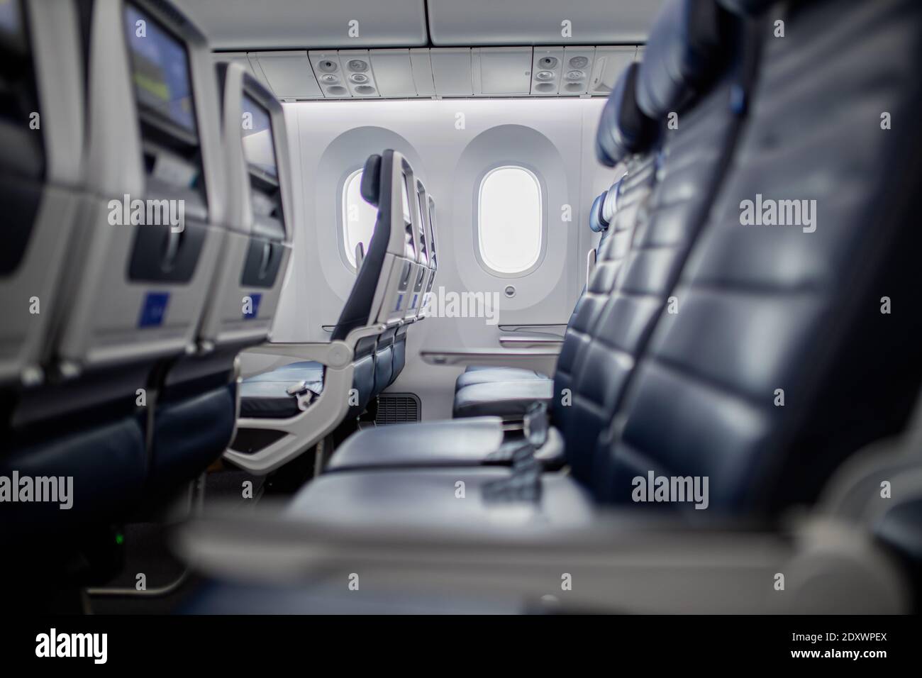 Empty row of dark blue seats inside an airplane Stock Photo - Alamy