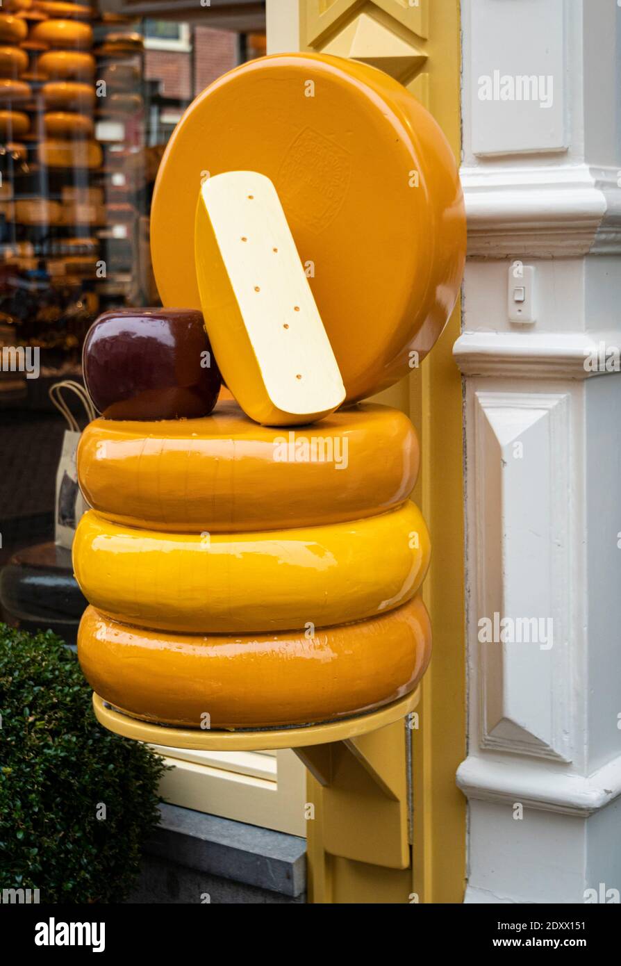 Display of artificial cheese outside a cheese shop in the city of Gouda ...