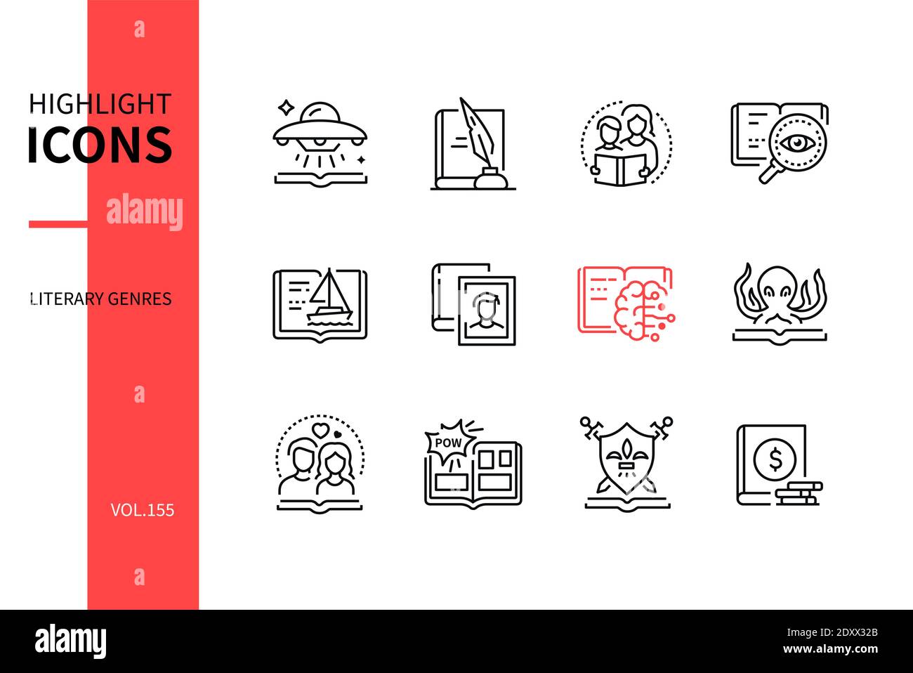 Literary genres - line design style icons set. Reading concept. Science ...