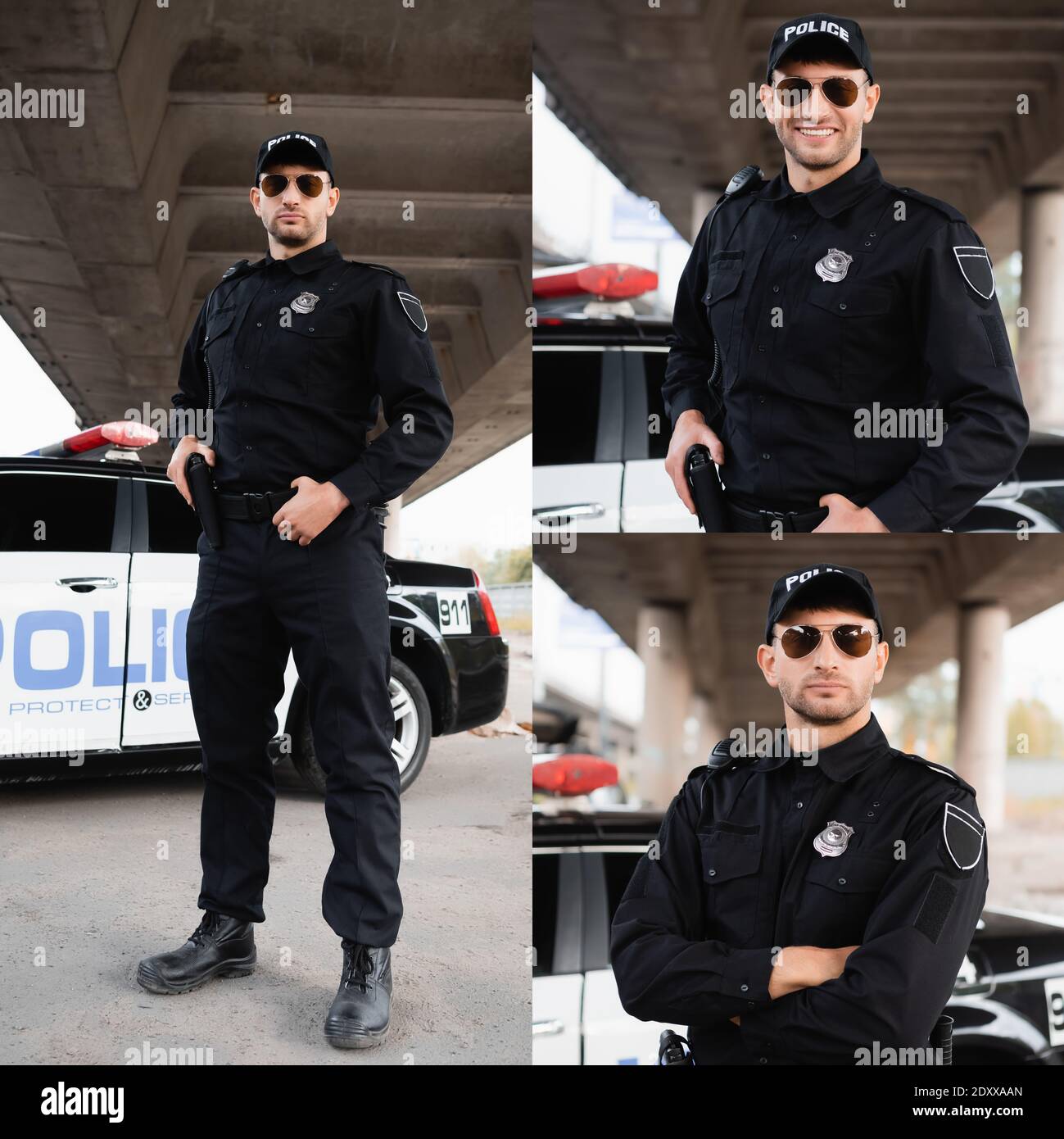 collage of police officer standing near auto on urban street Stock ...
