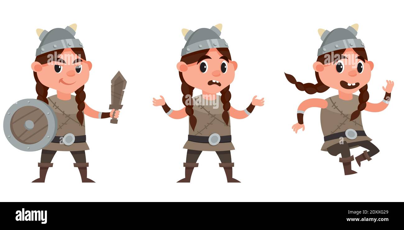 Baby viking in different poses. Female child in cartoon style Stock ...