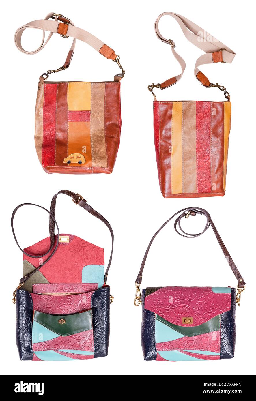 Set Of Patchwork Leather Bags Isolated On White Background Stock Photo