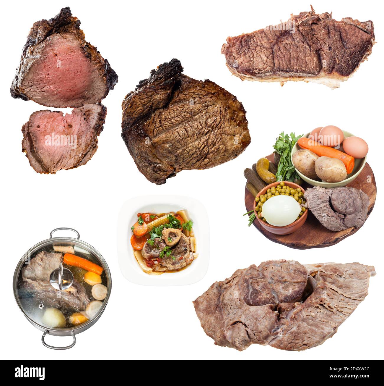 set of boiled and baked pieces of beef isolated on white background ...