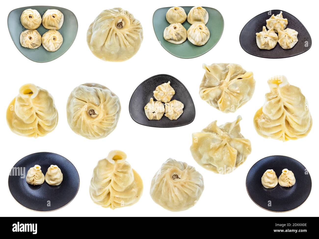 set of various steamed Mongolian dumpling Buuz filled with minced meat ...