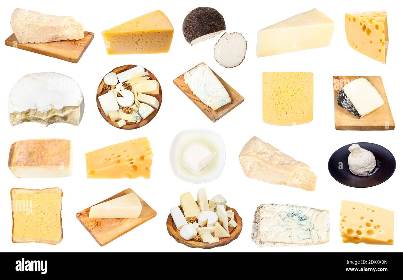 set of various pieces of cheeses isolated on white background Stock ...