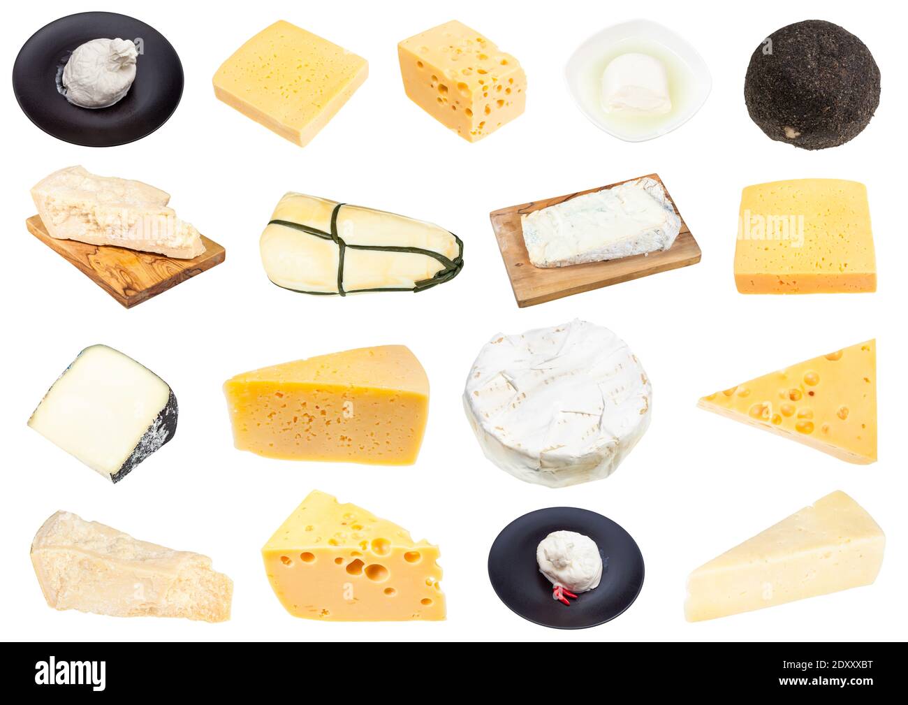 collection of various pieces of cheeses isolated on white background ...