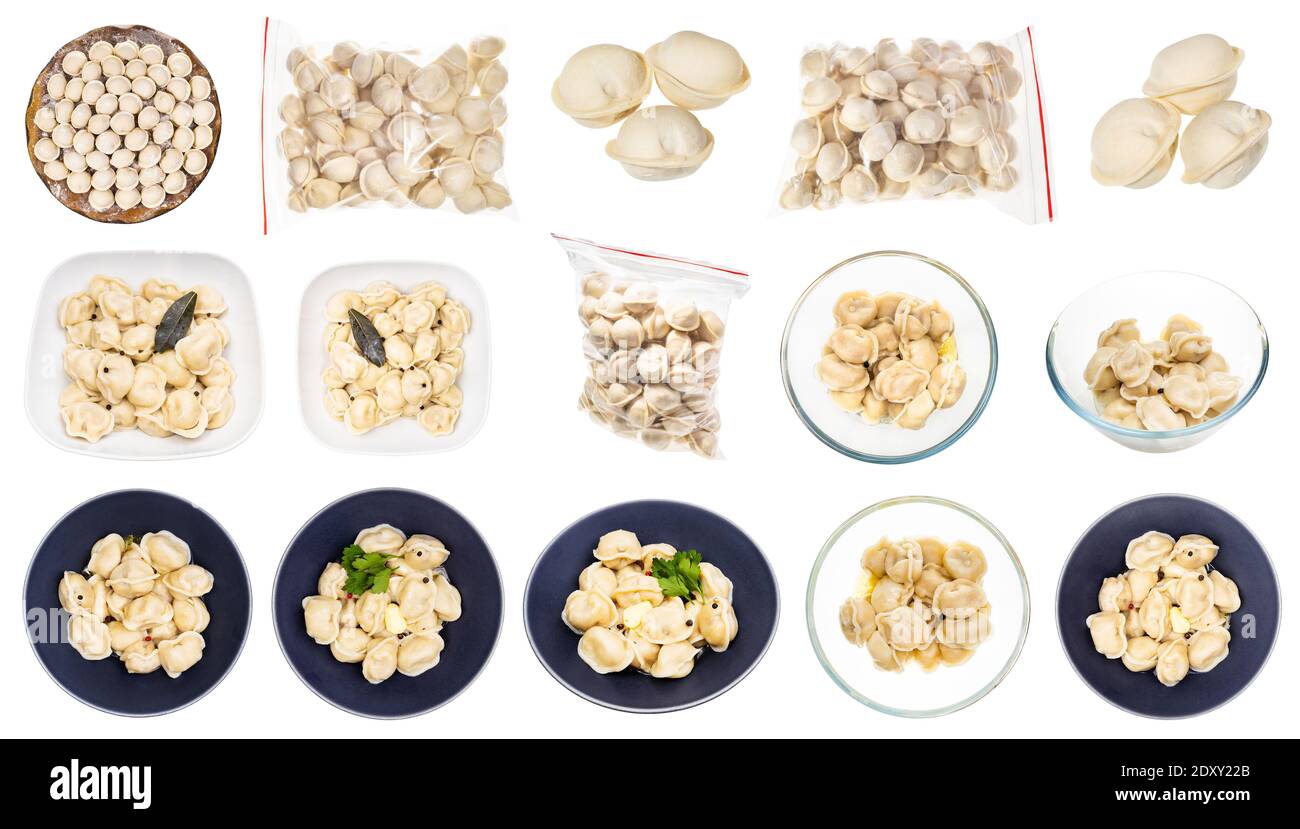 collection of various cooked and uncooked Pelmeni (russian dumplings ...