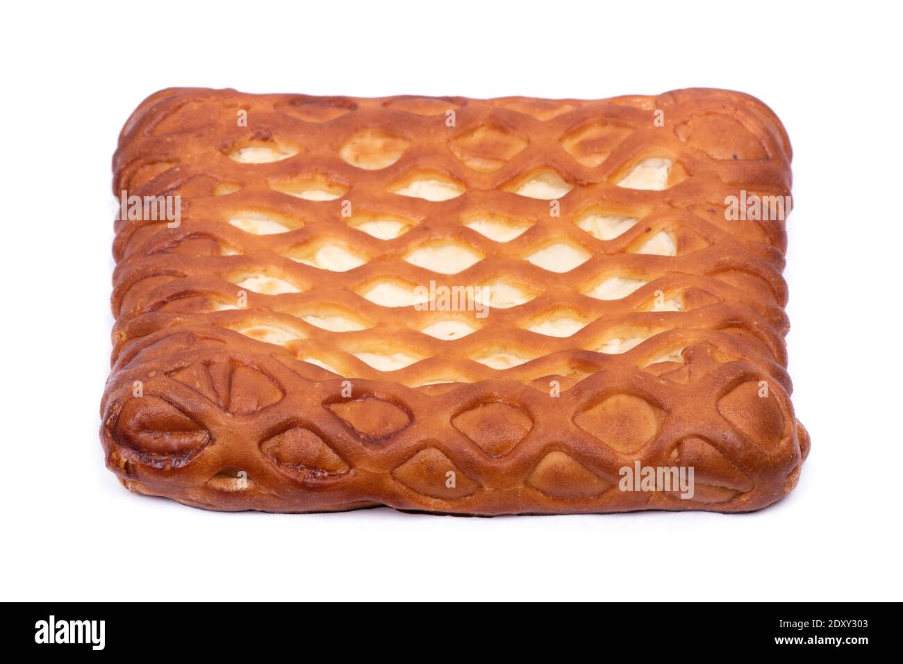 Fresh rectangular homemade pie with filling isolated over white ...