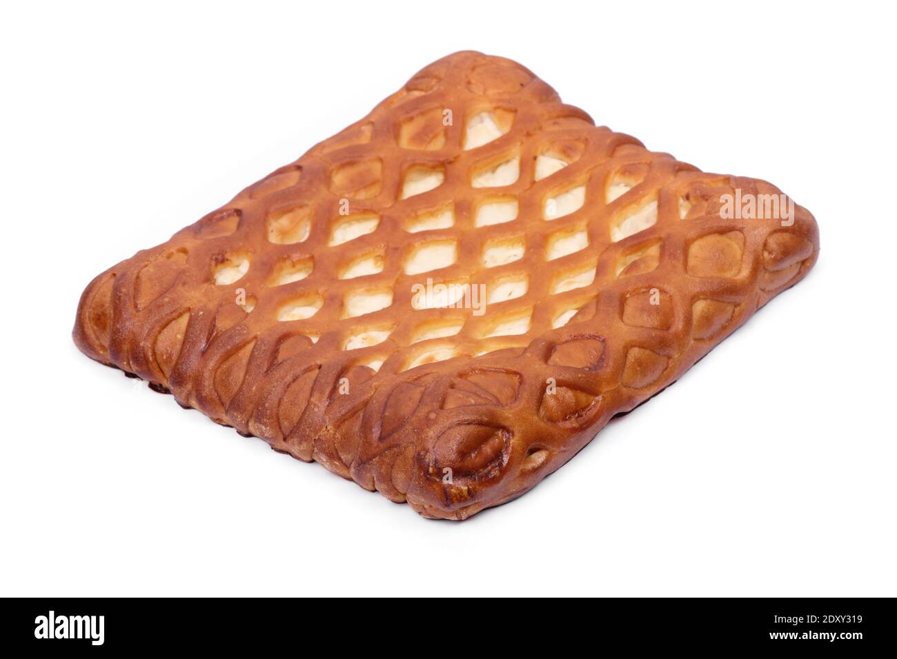 Fresh rectangular homemade pie with filling isolated over white ...