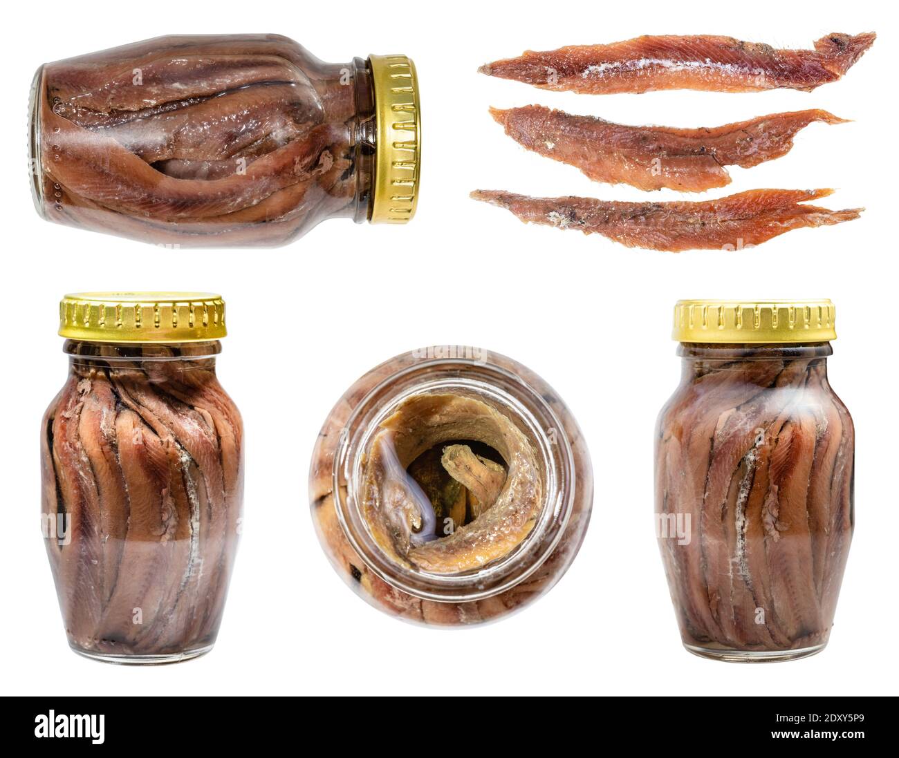 set of anchovy fillets in olive oil in glass jar isolated on white ...