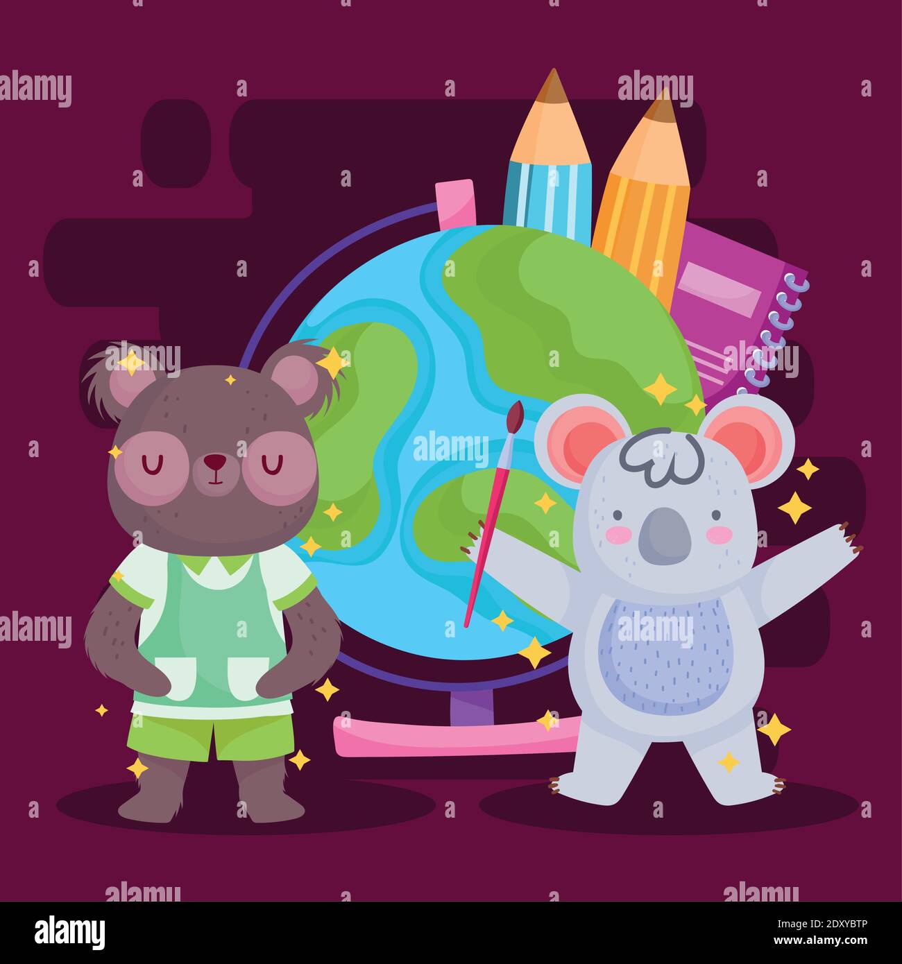 Back to school bear koala and world sphere design, eduacation class and ...