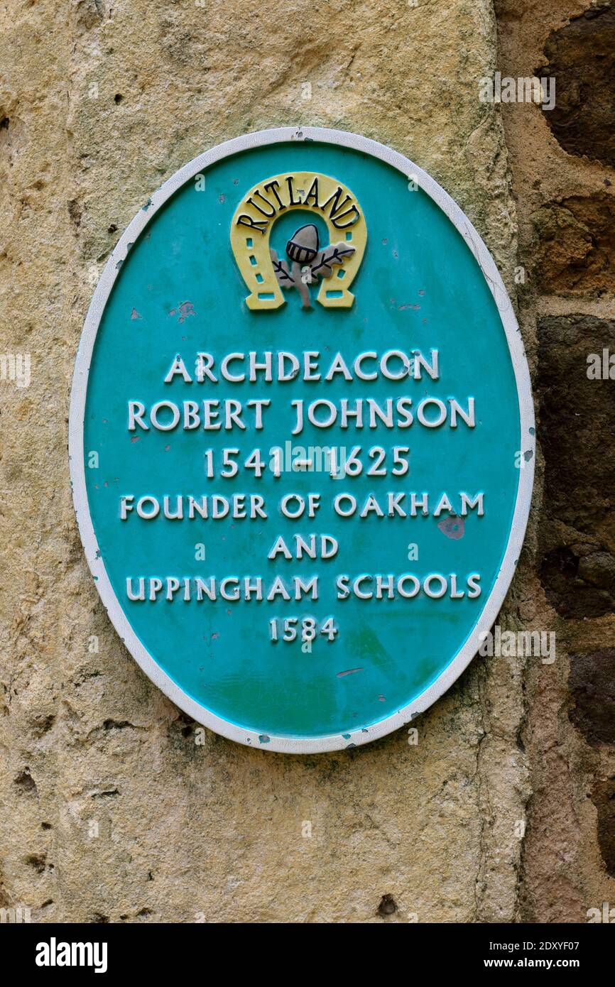 Plaque to Archdeacon Robert Johnson, Uppingham town, Rutland, England ...