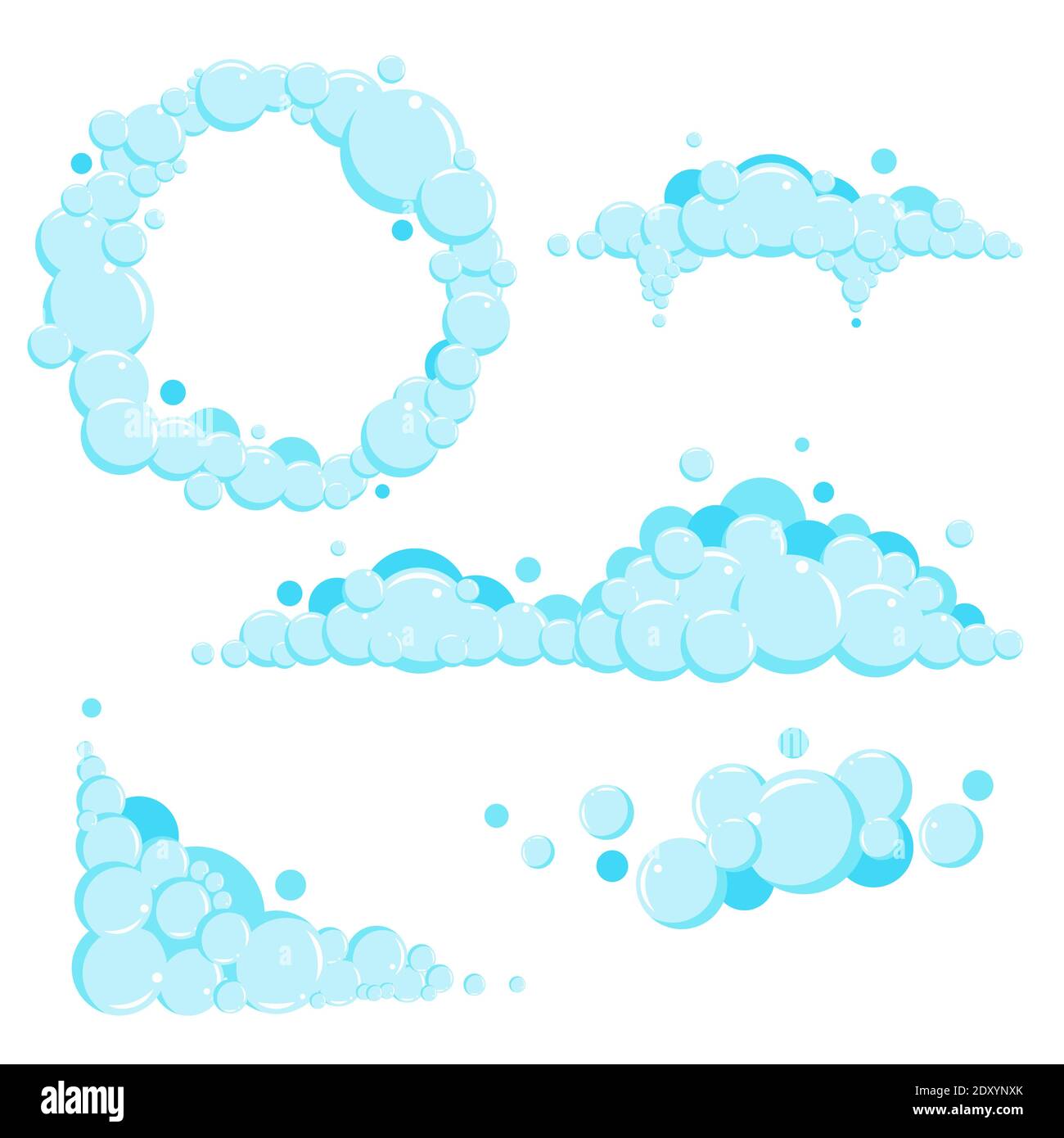 Cartoon soap foam set with bubbles. Light blue suds of bath, shampoo ...