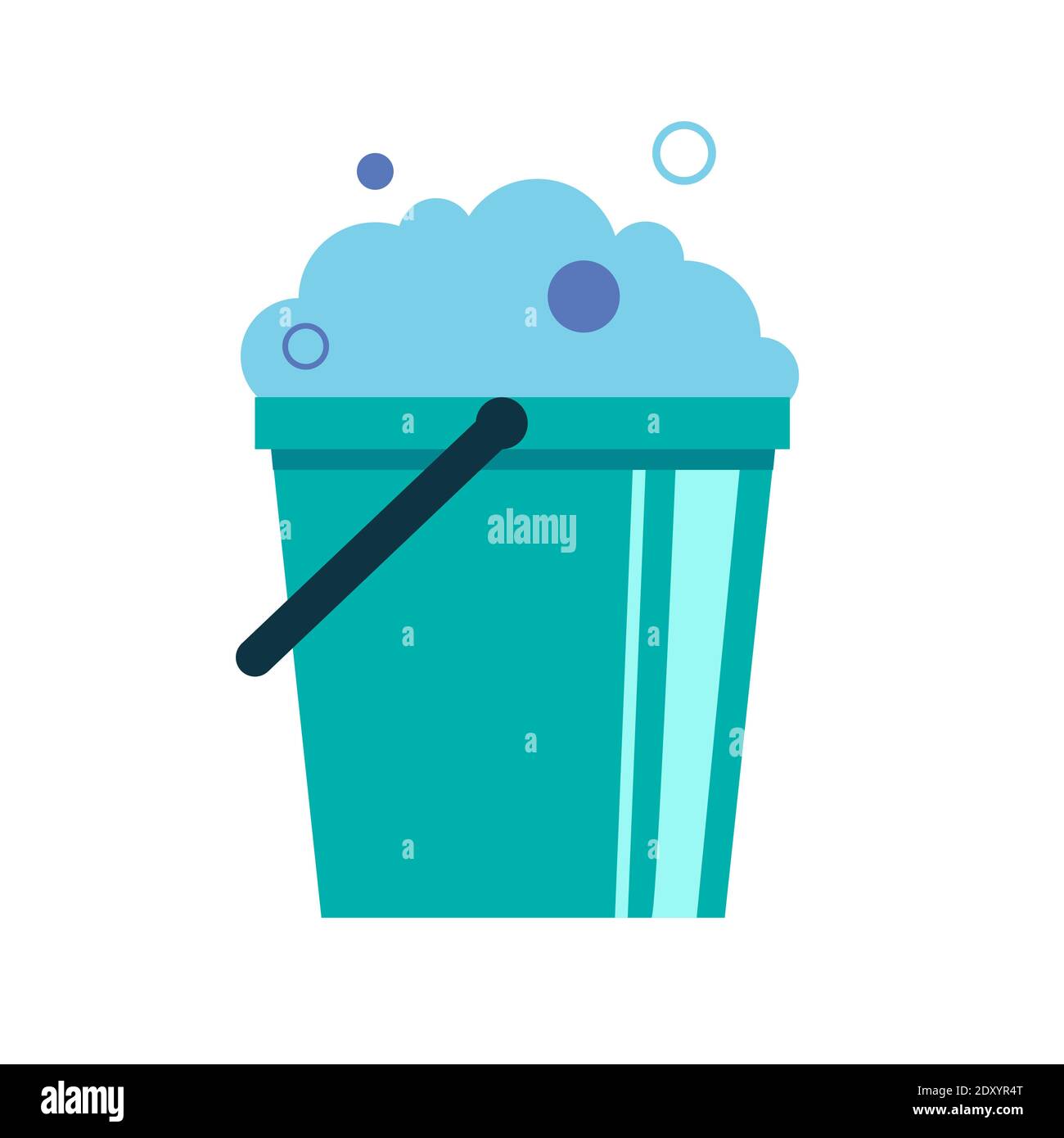 Plastic bucket with handle full of soap suds. Foam and bubbles. Flat ...