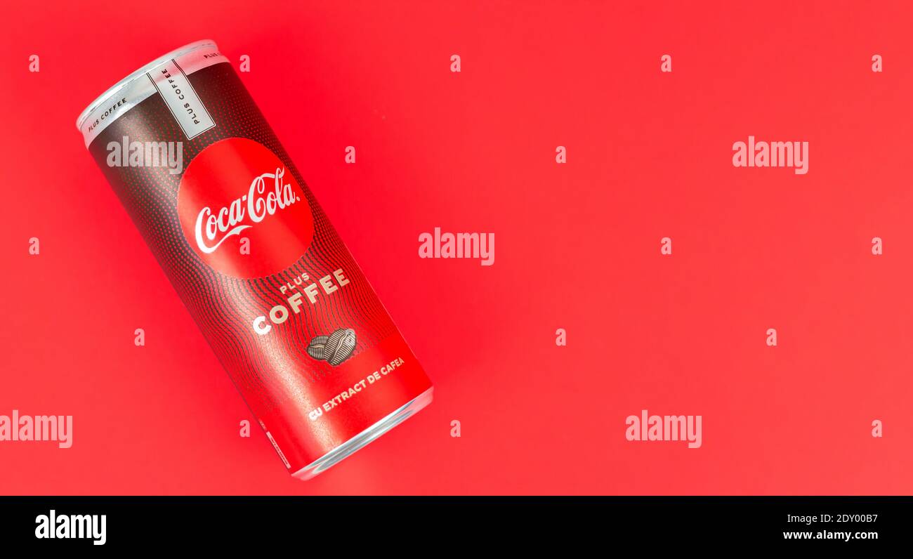 Kiev, Ukraine - December 17, 2020: Can of fizzy Coca-Cola plus coffee ...