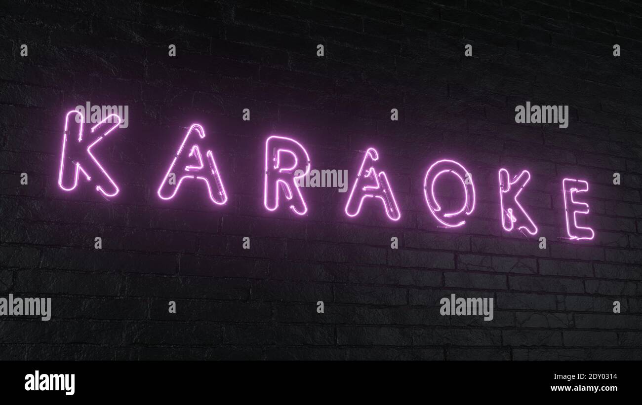 Karaoke Realistic Neon Sign On Dark Brick Wall Background 3d