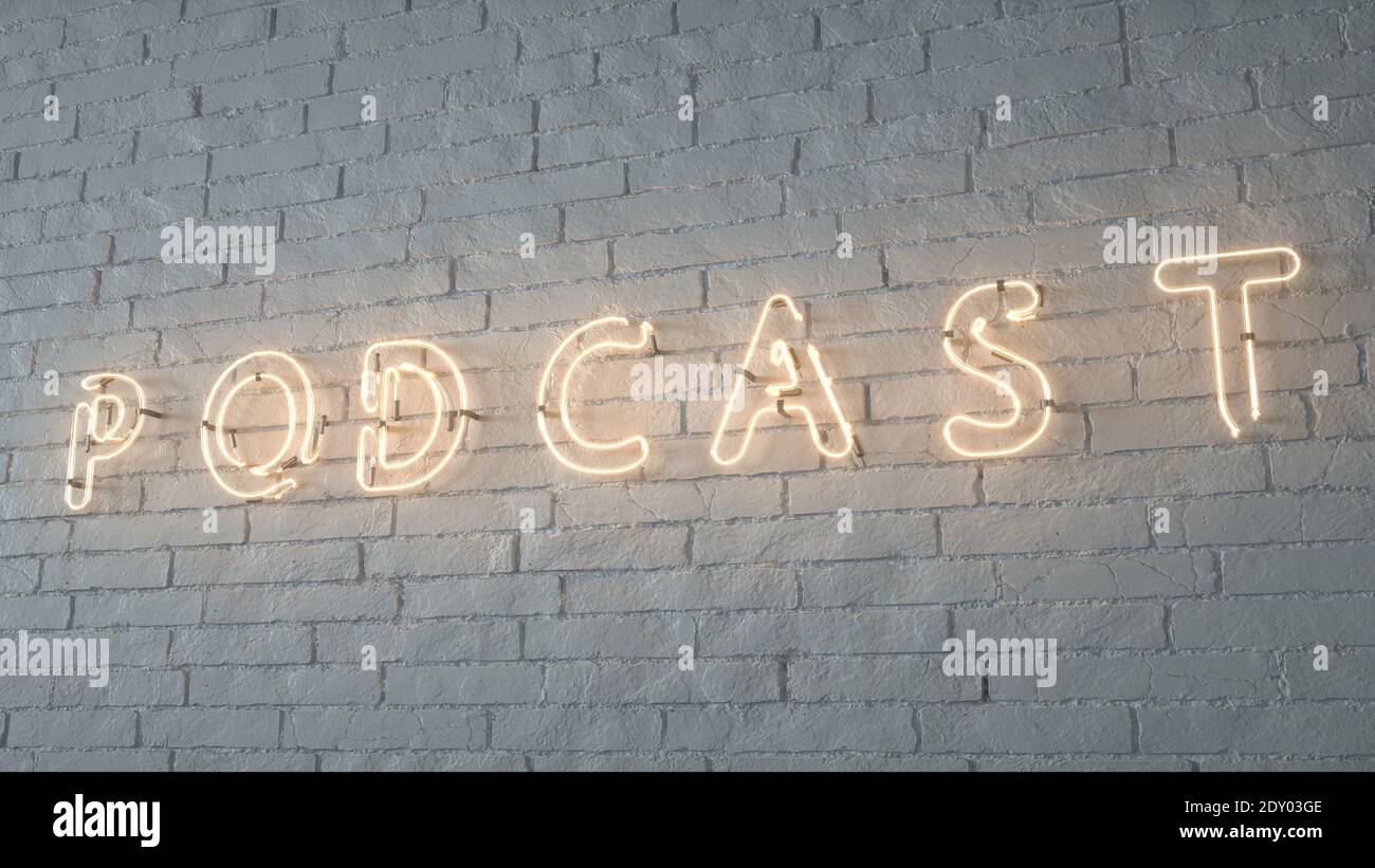 Podcast neon sign. Glowing podcast emblem on white brick wall ... Podcast neon sign. Glowing podcast emblem on white brick wall ...