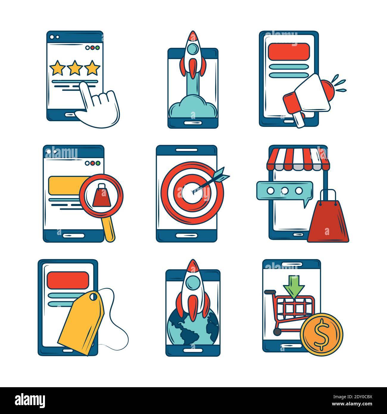 marketing, icons with mobile smartphone app development and management ...