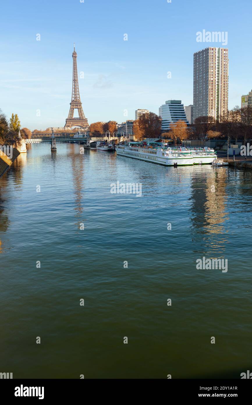 landscape with eiffel tower and Seine river in Paris, France in the ...