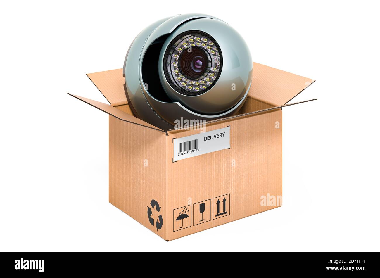 Dome security camera inside cardboard box, delivery concept. 3D ...