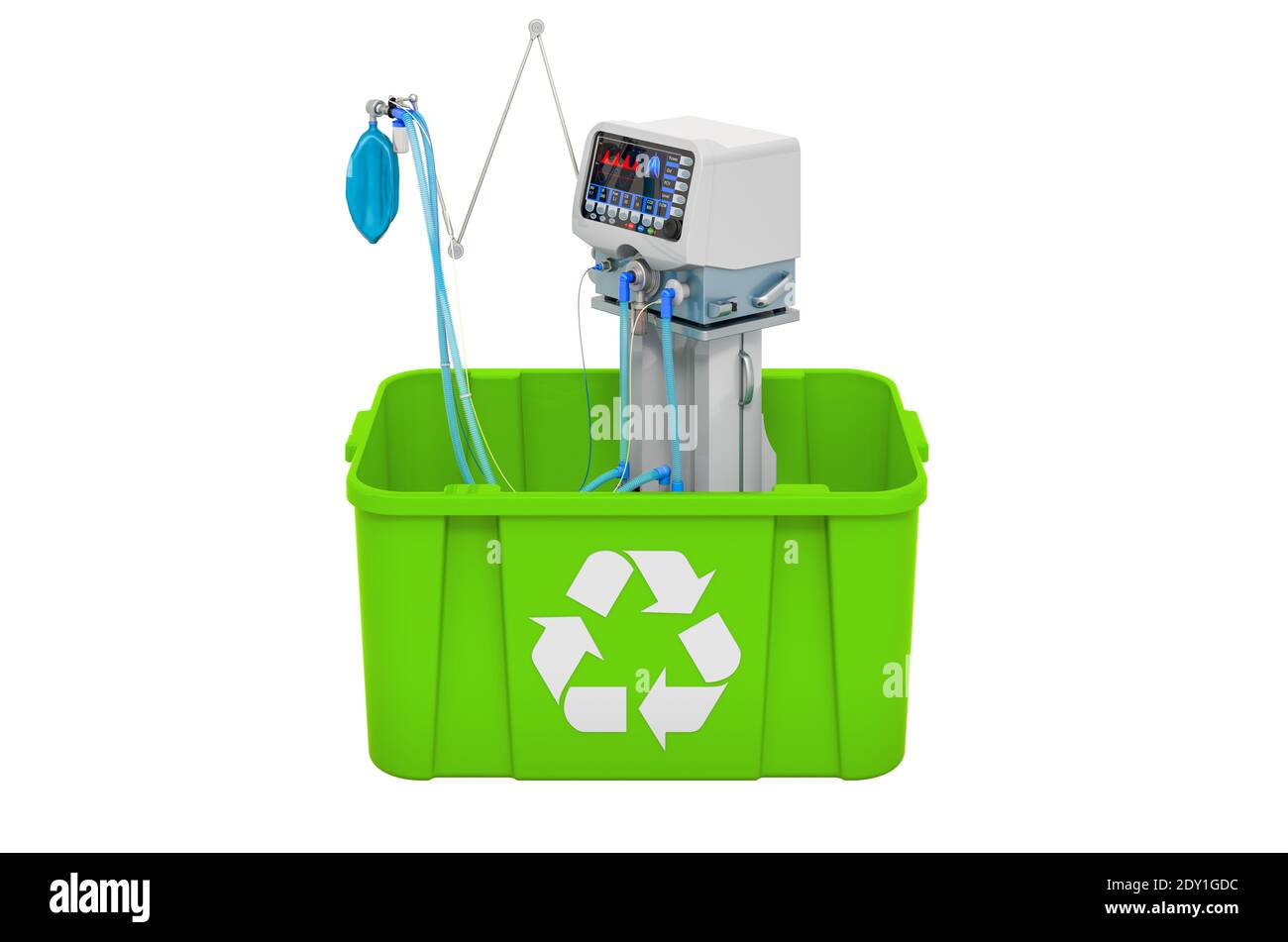 Recycling trashcan with medical ventilator, 3D rendering isolated on ...