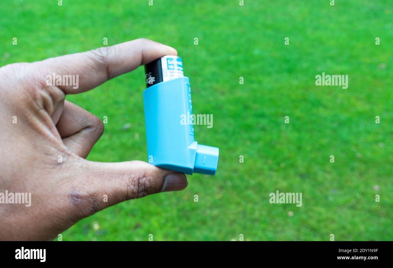 Asthma blue cap reliever spray in operating position Stock Photo - Alamy